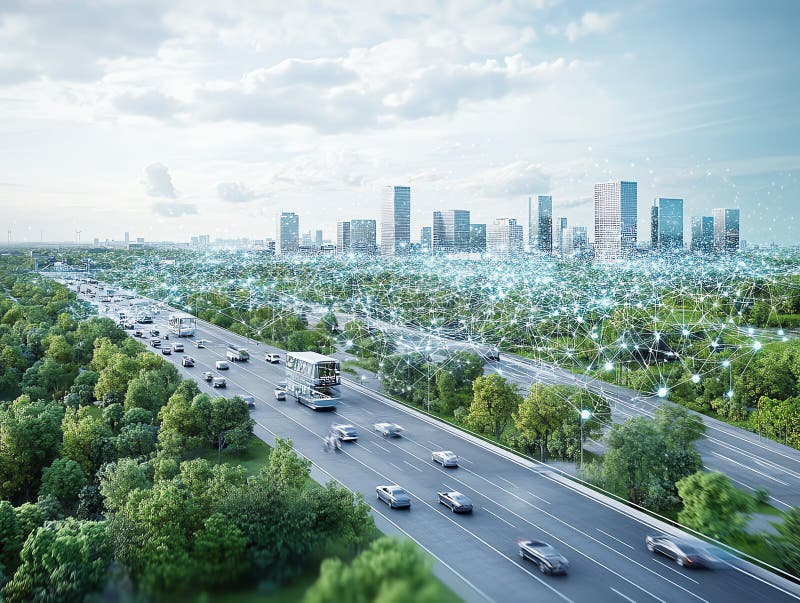 A Futuristic Cityscape with a Network of Connected Lines and Dots ...