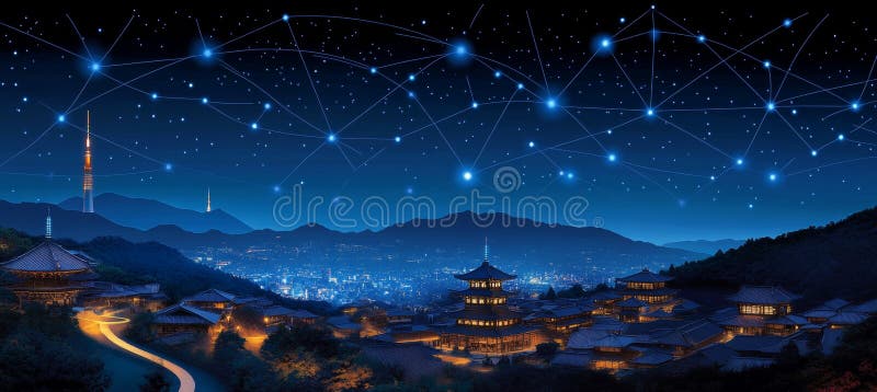 Futuristic Cityscape with Network Connections and Ancient Asian ...