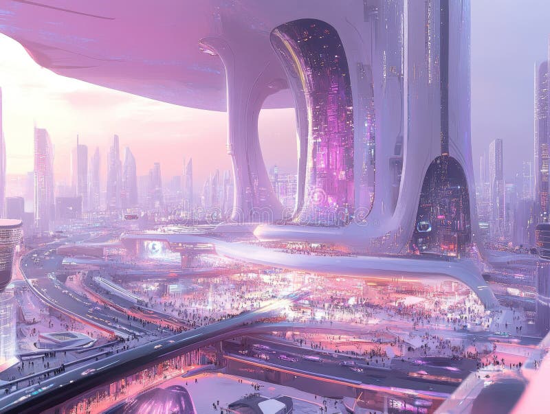 A Futuristic Cityscape at Night, with a Central UFO-like Structure ...
