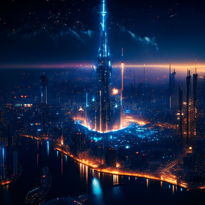 Futuristic City at Night with Neon Lights. Futuristic City Concept ...
