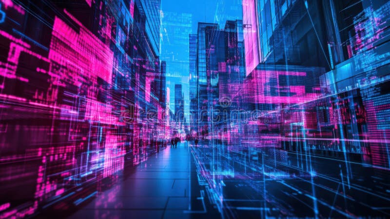 Futuristic Cityscape at Night with Digital Data Flow Concept for ...