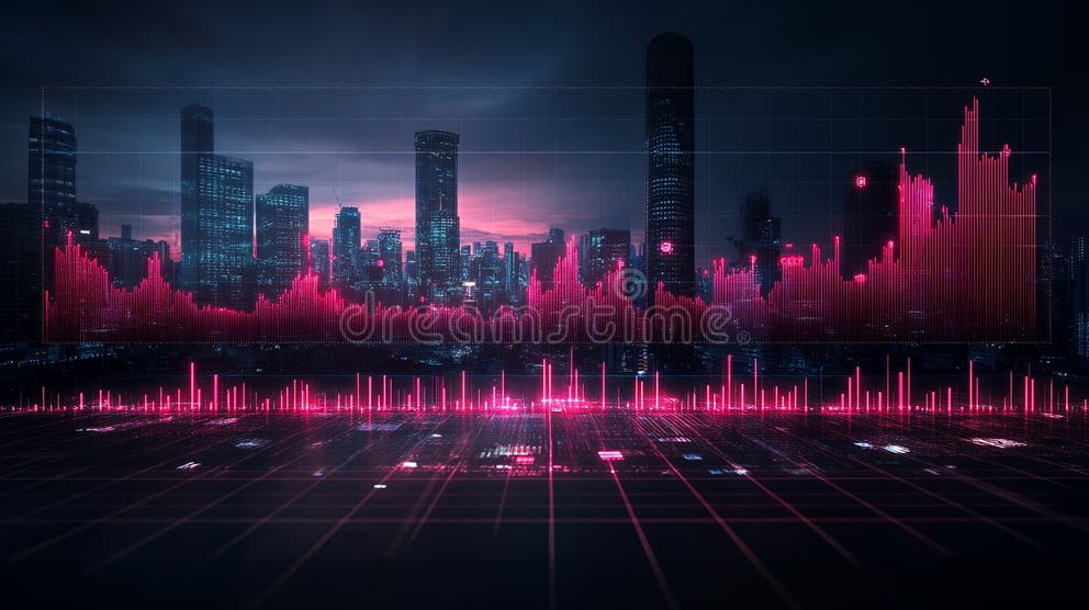 Futuristic Cityscape at Night with Dynamic Financial Data Overlay Stock ...