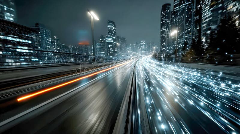 Futuristic Cityscape at Night with Glowing Data Streams Representing ...