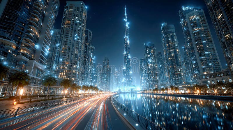 Futuristic Cityscape at Night with Glowing Data Streams Representing ...