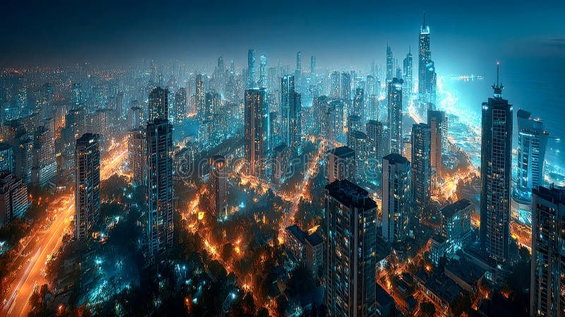 Vibrant Digital Cityscape Night Futuristic Highway Glowing Data Streams ...