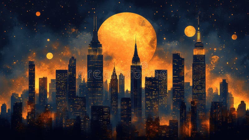 Futuristic Cityscape at Night with Glowing Full Moon and Vibrant Starry ...