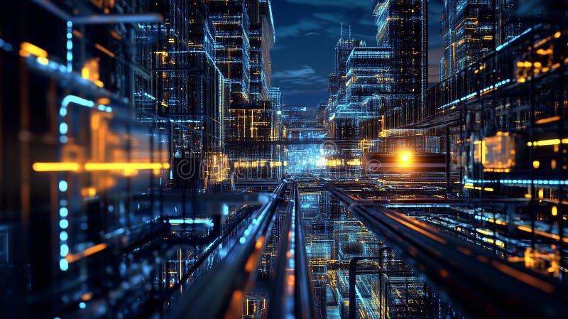 A Futuristic Cityscape at Night with Glowing Lights and Intricate ...