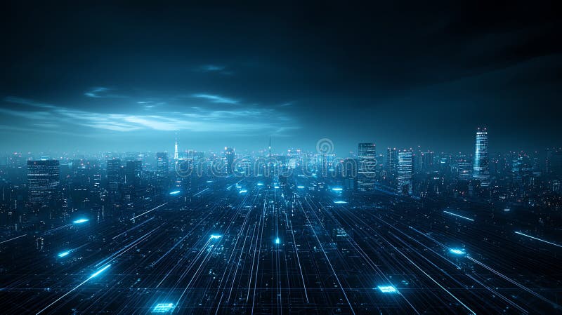Futuristic Cityscape at Night with Glowing Lines and Digital Elements ...