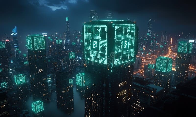 Futuristic Cityscape at Night with Holographic Cubes on Buildings ...
