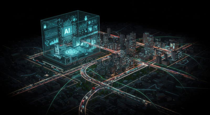 AI-Powered Smart City at Night Stock Illustration - Illustration of ...