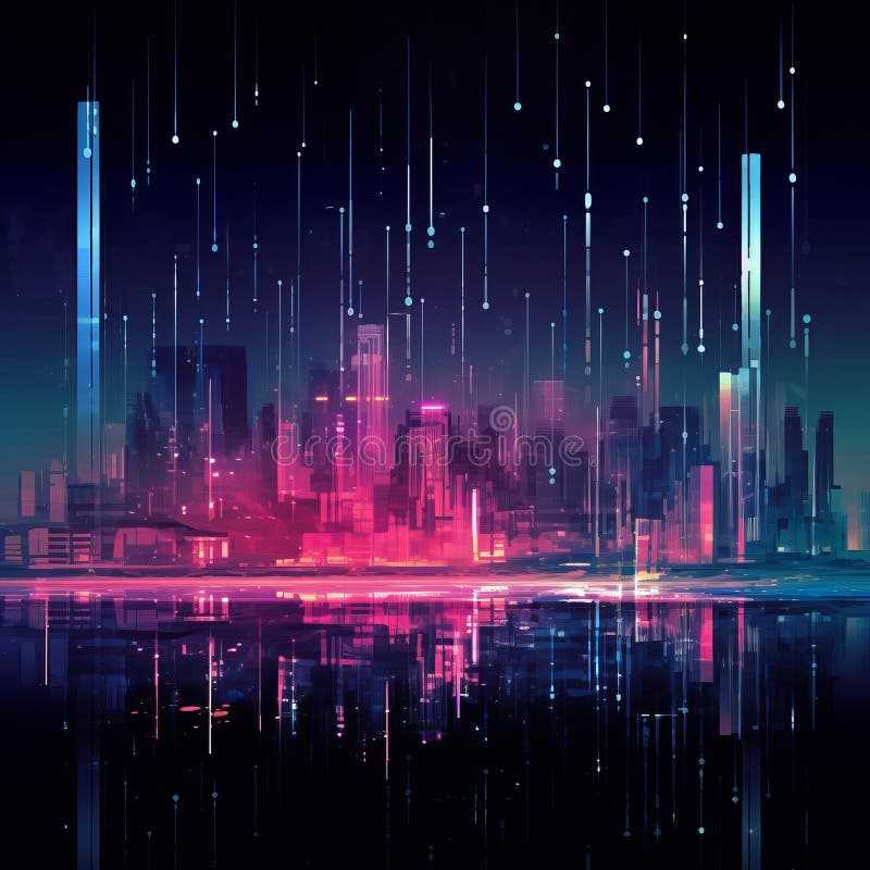 Futuristic Cityscape at Night with Neon Lights Stock Illustration ...