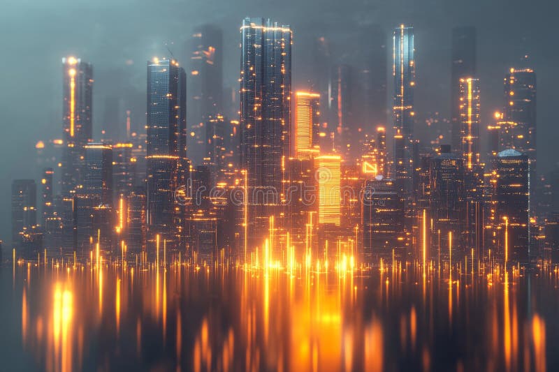 Futuristic Cityscape at Night with Neon Lights Stock Illustration ...