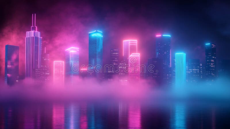 Futuristic Cityscape at Night with Neon Lights and Fog Stock ...