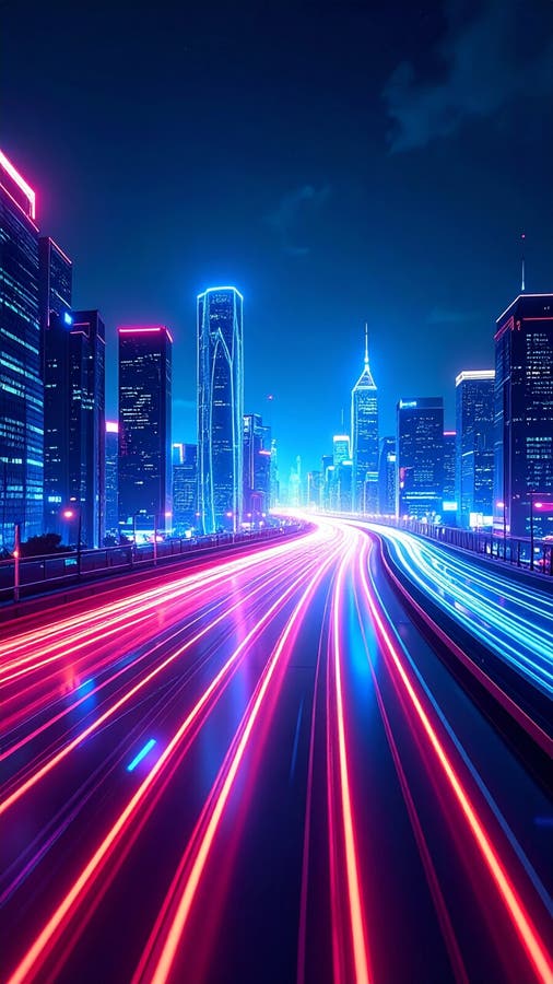 Futuristic Cityscape at Night with Neon Lights and Light Trails from ...