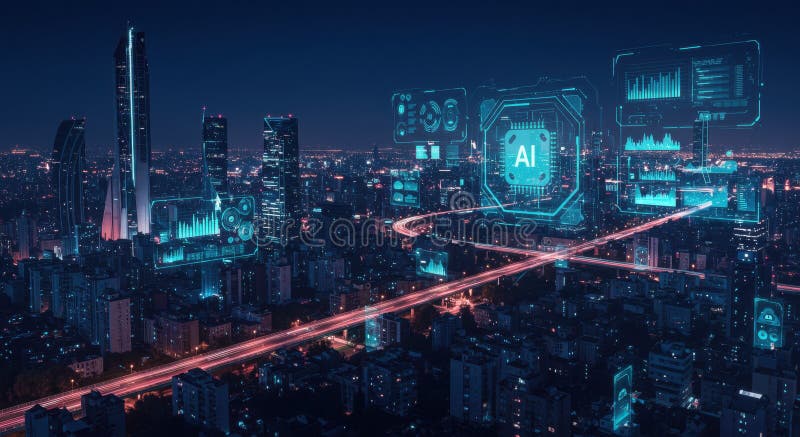 AI-Powered Smart City at Night Stock Illustration - Illustration of ...