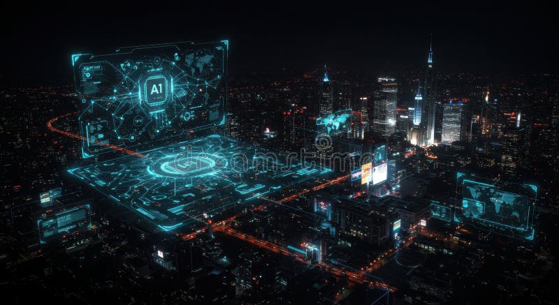 AI-Powered Smart City at Night Stock Illustration - Illustration of ...