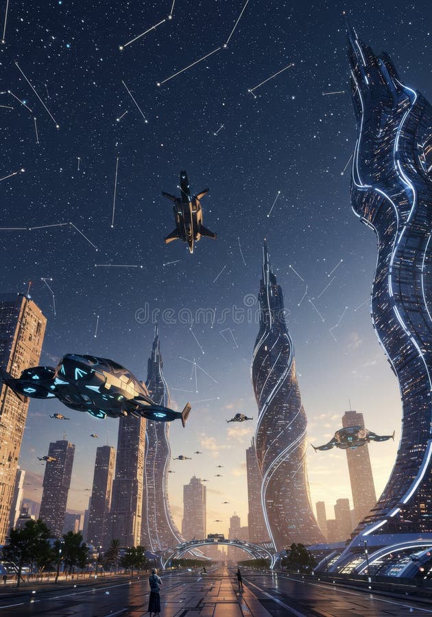Futuristic Cityscape at Night with Spaceships and Stars Stock ...