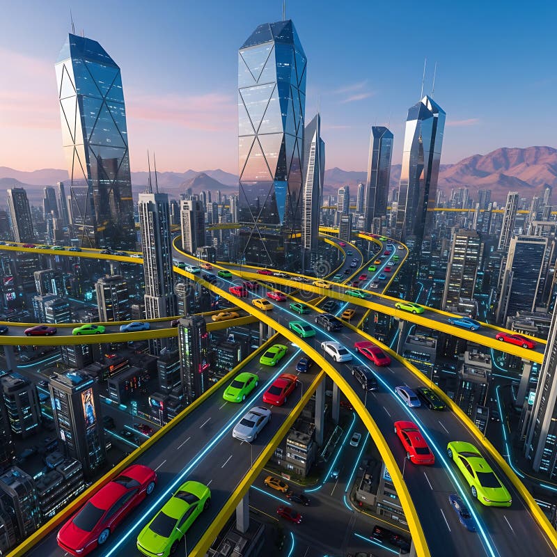 A Futuristic Cityscape with Numerous Skyscrapers, Interconnected by a Complex Network of ...