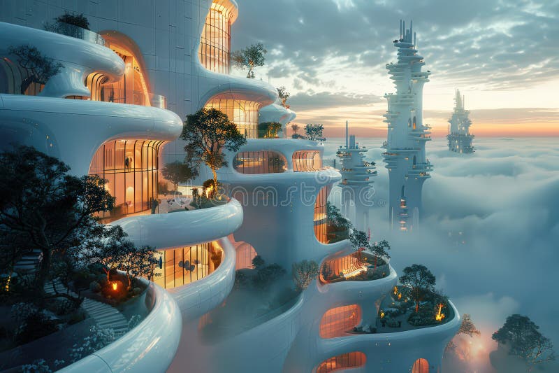 Futuristic Cityscape with Organic Architecture and Elevated Viewpoint ...