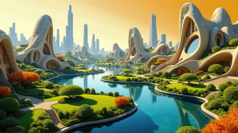 Futuristic Cityscape with Organic Architecture and Water Features ...