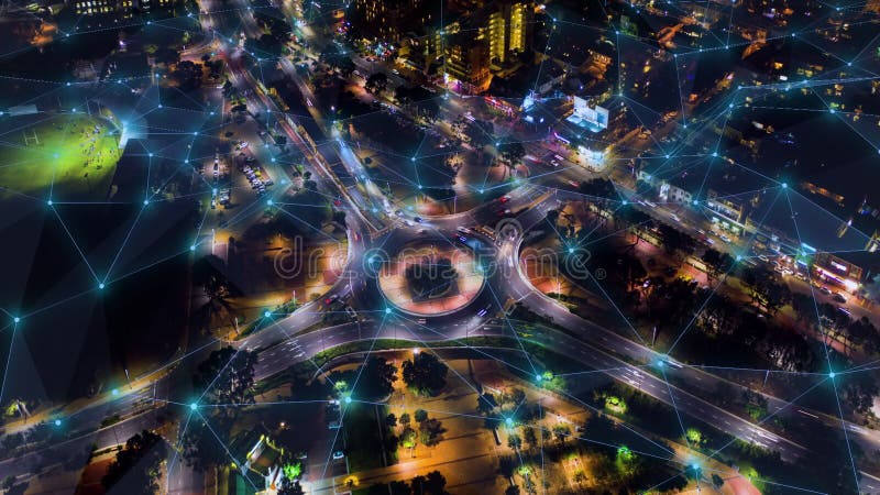 Futuristic Cityscape Overlay, Network Transportation and Building ...