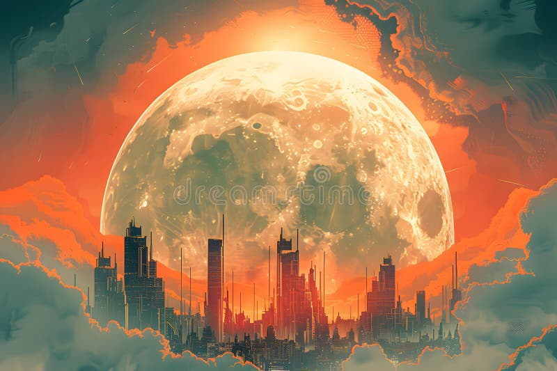 Futuristic Cityscape with Oversized Moon at Sunset Illustration Stock ...