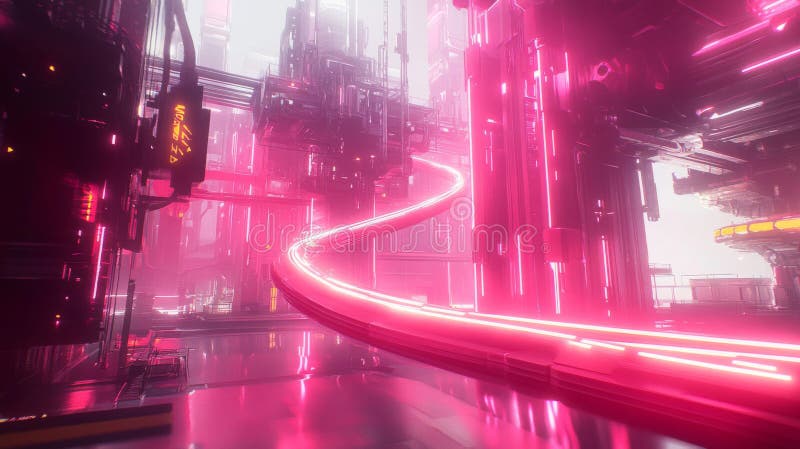 Futuristic Cityscape with Pink Neon Lights and Curved Pathway Stock ...