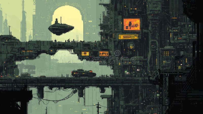 Futuristic Cityscape Pixel Art Illustration Stock Illustration ...