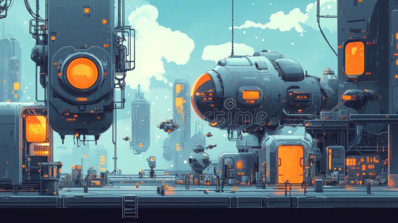 Futuristic Cityscape Pixel Art: Spaceships and Urban Architecture Stock ...