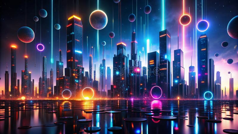 Futuristic Cityscape Reflected in a Dark, Reflective Water Surface with ...