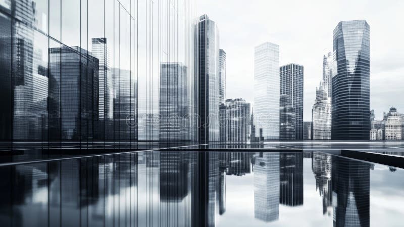Modern Skyline Reflecting in Rooftop Pool of Glass Skyscraper Stock ...