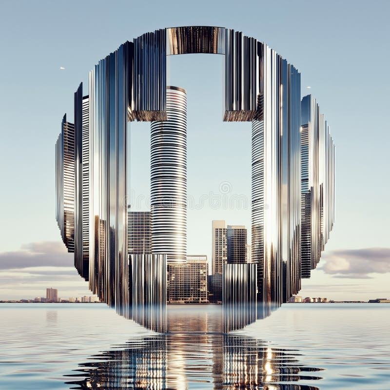 Futuristic Cityscape Reflection with Skyscraper Skyline Over Water ...