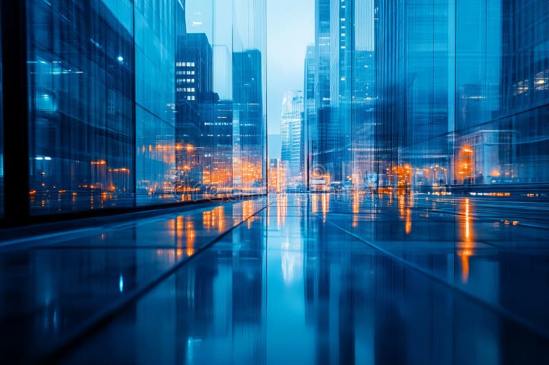 Futuristic Cityscape with Reflections and Glowing Lights Stock ...