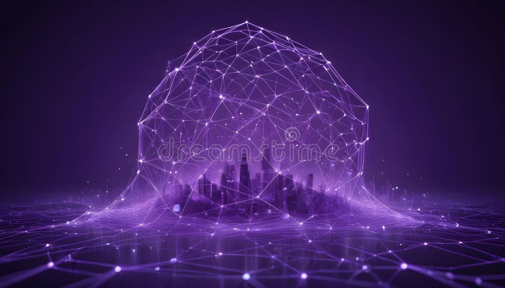 Futuristic Cityscape Rendered with a Glowing Purple Network of Lines ...