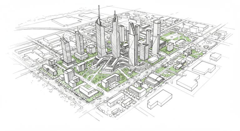 Futuristic Cityscape Rendering Features a Cluster of Modern Skyscrapers ...