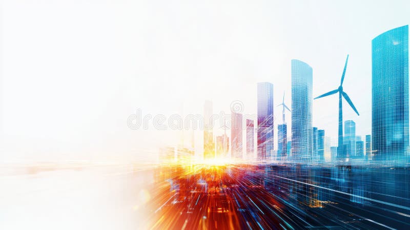Futuristic Cityscape with Renewable Energy Sources, Bright Sky, and ...