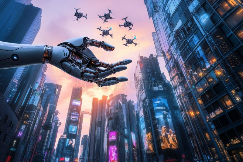 A Futuristic Cityscape with a Robotic Hand Reaching Out. Drones Fly ...