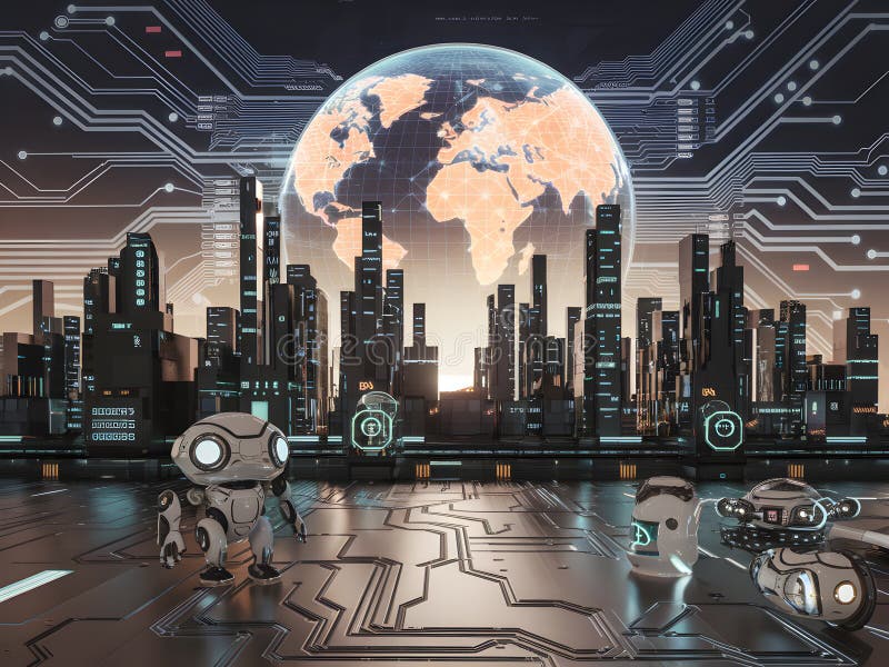 Futuristic Cityscape with Robots and Digital Earth Background Stock ...