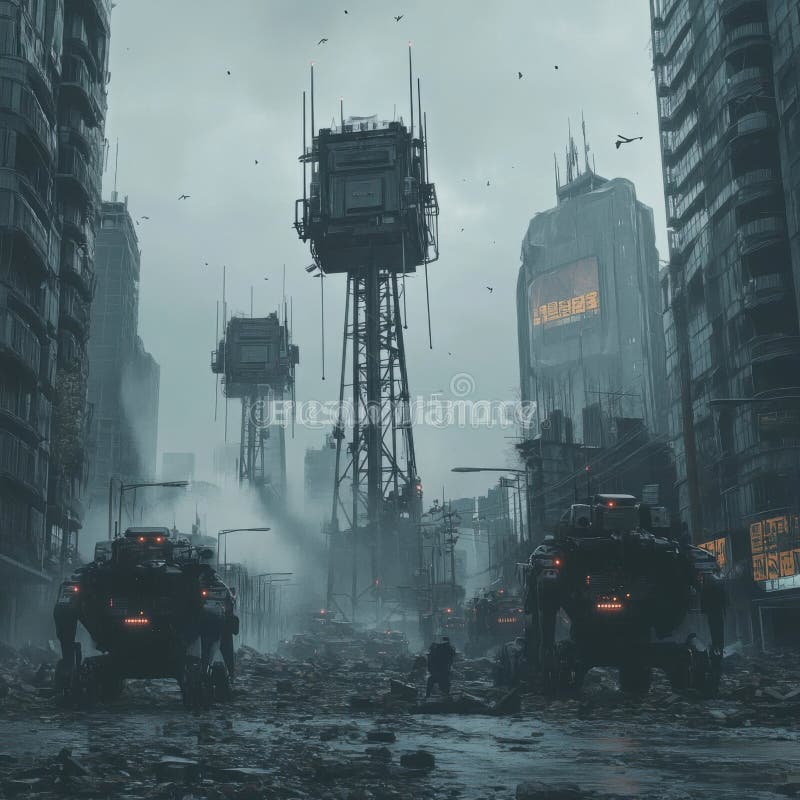 Futuristic Cityscape with Robots and Dystopian Atmosphere Stock ...