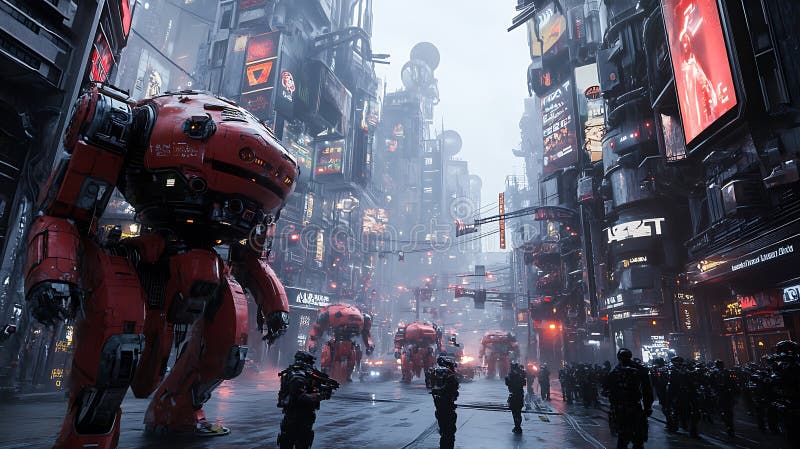 Futuristic Cityscape with Robots and Neon Lights Stock Illustration ...