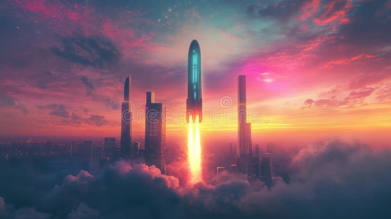 Futuristic Cityscape with Rocket Launching at Sunrise, Vibrant Clouds ...