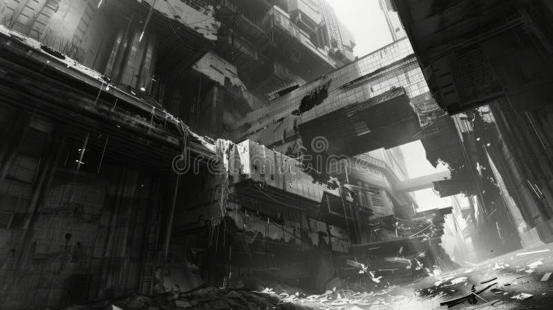 Futuristic Cityscape Ruins in Monochrome Stock Photo - Image of debris ...