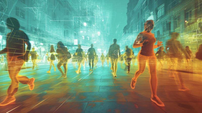 Futuristic Cityscape with Running People Silhouettes Stock Photo ... Futuristic Cityscape with Running People Silhouettes Stock Photo ...