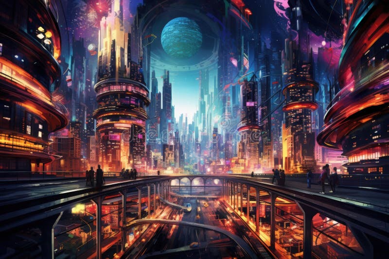 Futuristic Cityscape Showcasing Advanced Technologies, Vibrant Colors ...