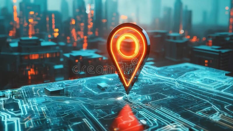 Futuristic Cityscape Showcasing a Glowing Navigation Pin Symbolizing ...