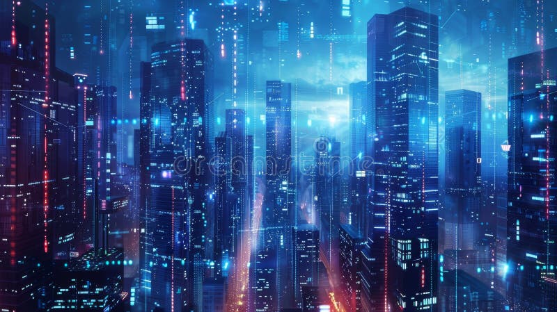 A Futuristic Cityscape with Skyscrapers Morphing into Digital Pixels ...