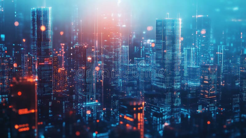Futuristic Cityscape with Sleek Digital Structures and Lights Stock ...