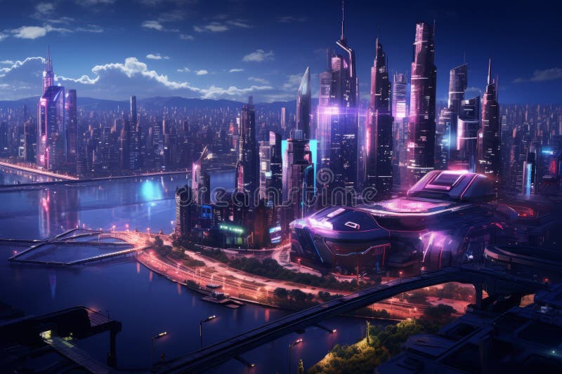 Futuristic Cityscape with a Sleek and Futuristic Car in the Foreground ...