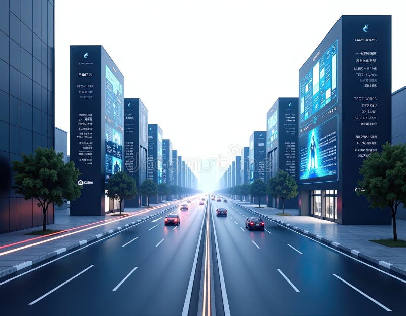 Futuristic Cityscape with Smart Buildings and Data Displays on a ...