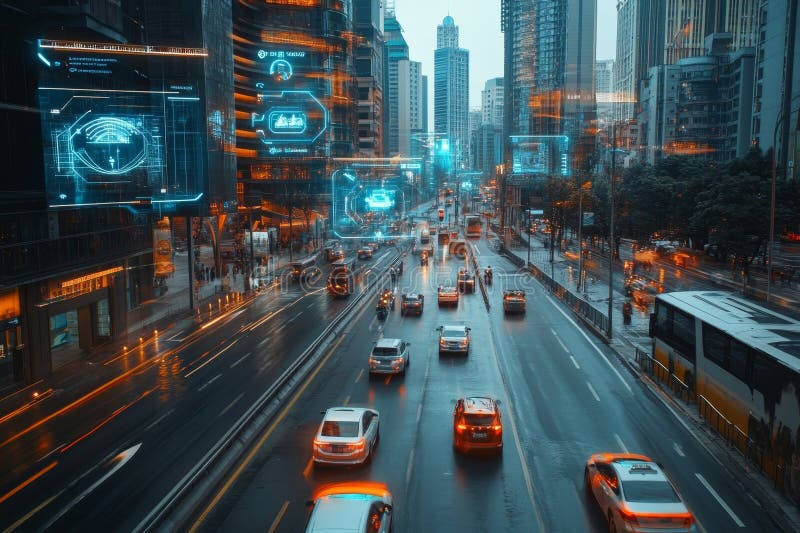 Futuristic Cityscape with a Smart Traffic System and Virtual Interfaces ...